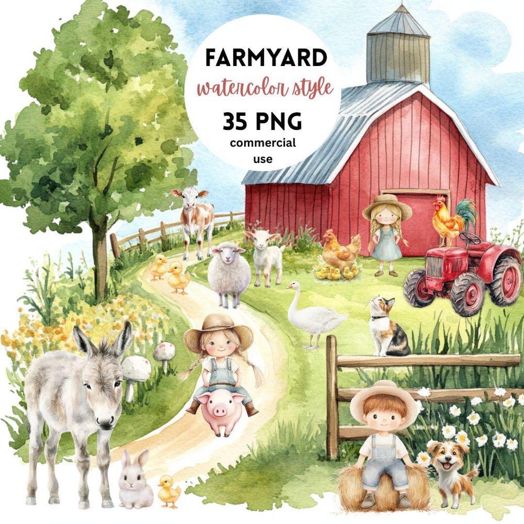 Cute Farm Watercolor Clipart, Animals, Red Barn, Fence, Children ...