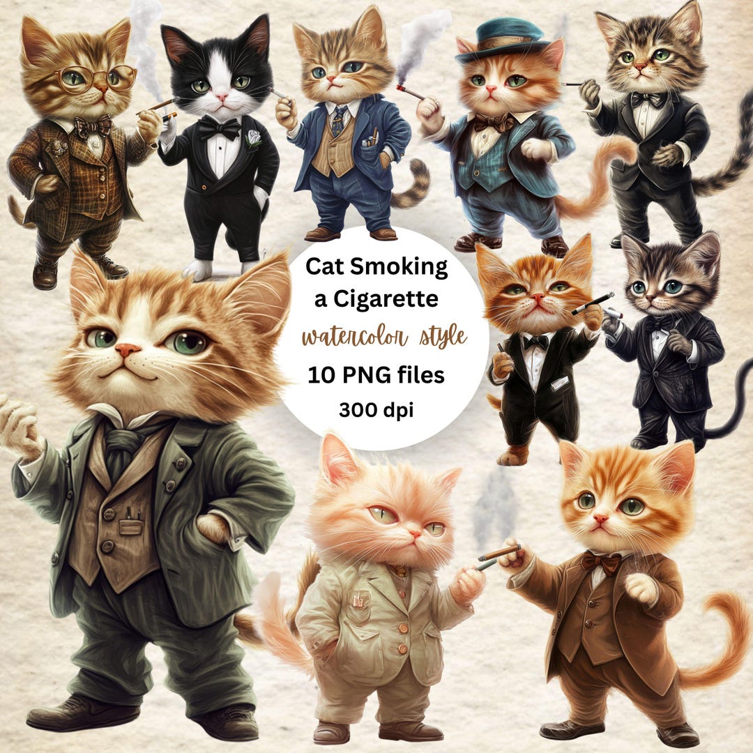 Cat Smoking a Cigarette Clipart, Anthropomorphic Cat Art PNG, Victorian ...