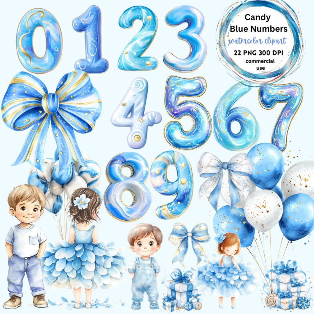Blue Candy Numbers Clipart, Baby Shower Birthday Watercolor PNG, Blue ...