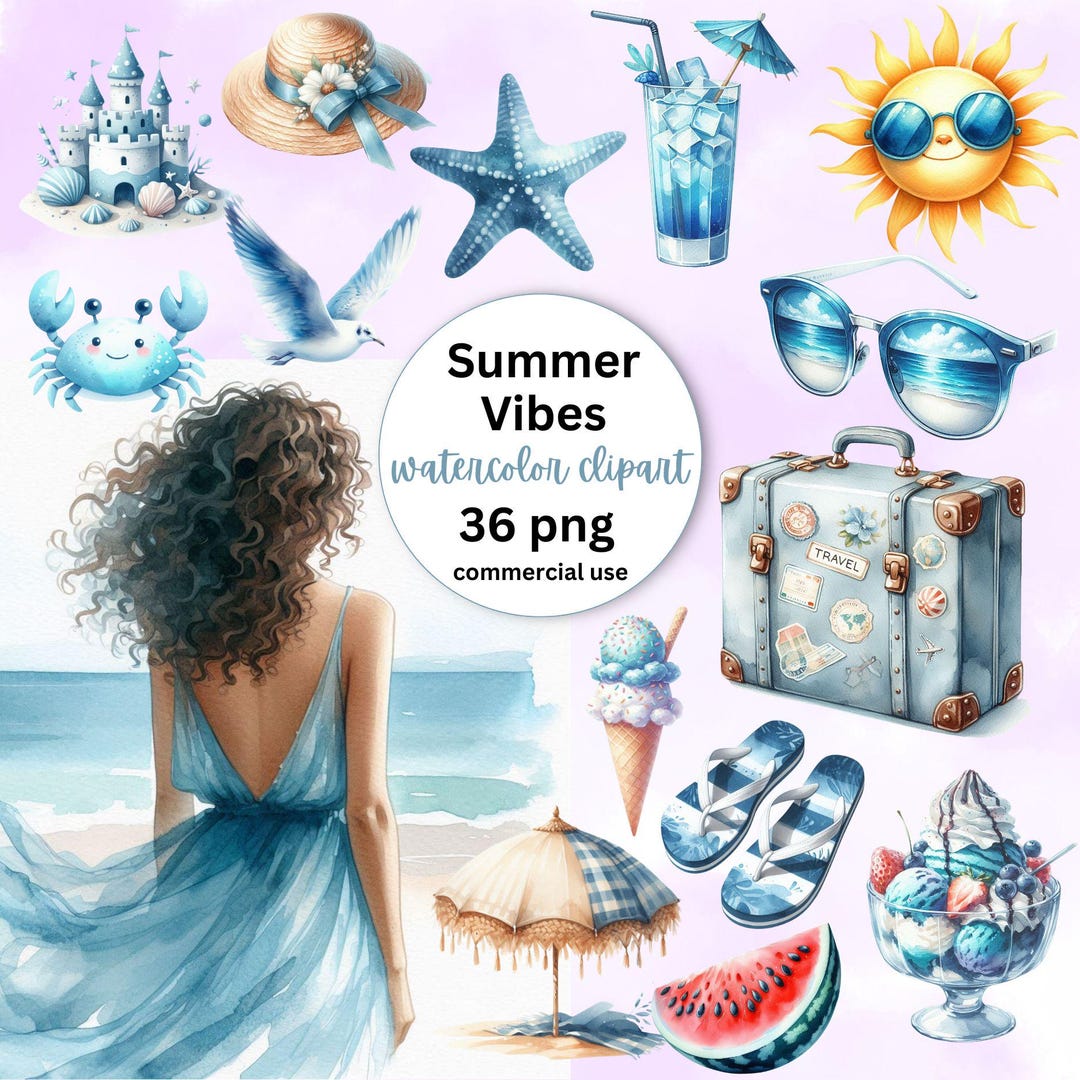 Summer Watercolor Clipart Bundle, Beach & Travel Illustrations ...