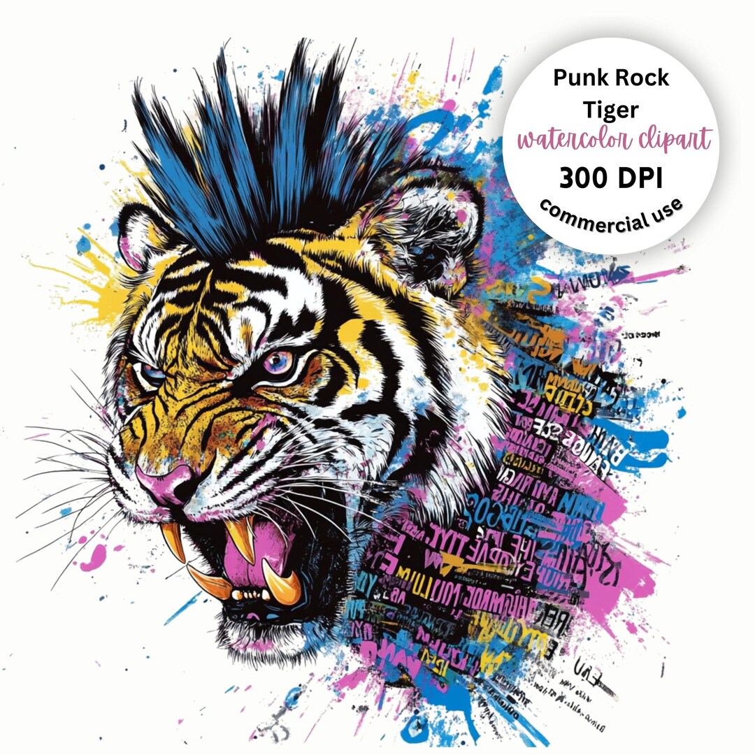 Roaring Tiger Clipart With Mohawk Neon Street Art Style PNG for ...