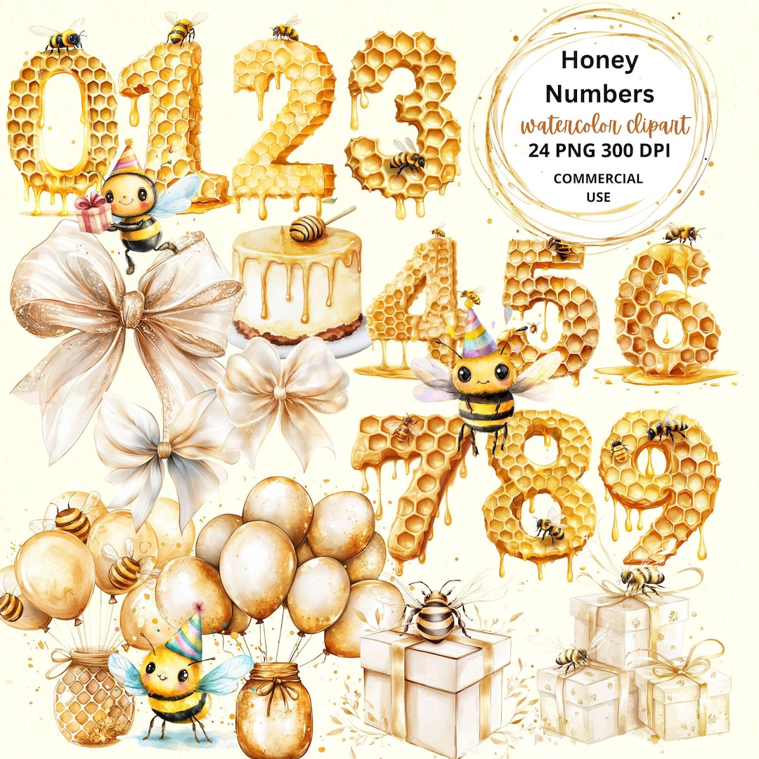 Honey Numbers Clipart, Bee Numbers PNG, Honeycomb Dripping Honey, Sweet ...