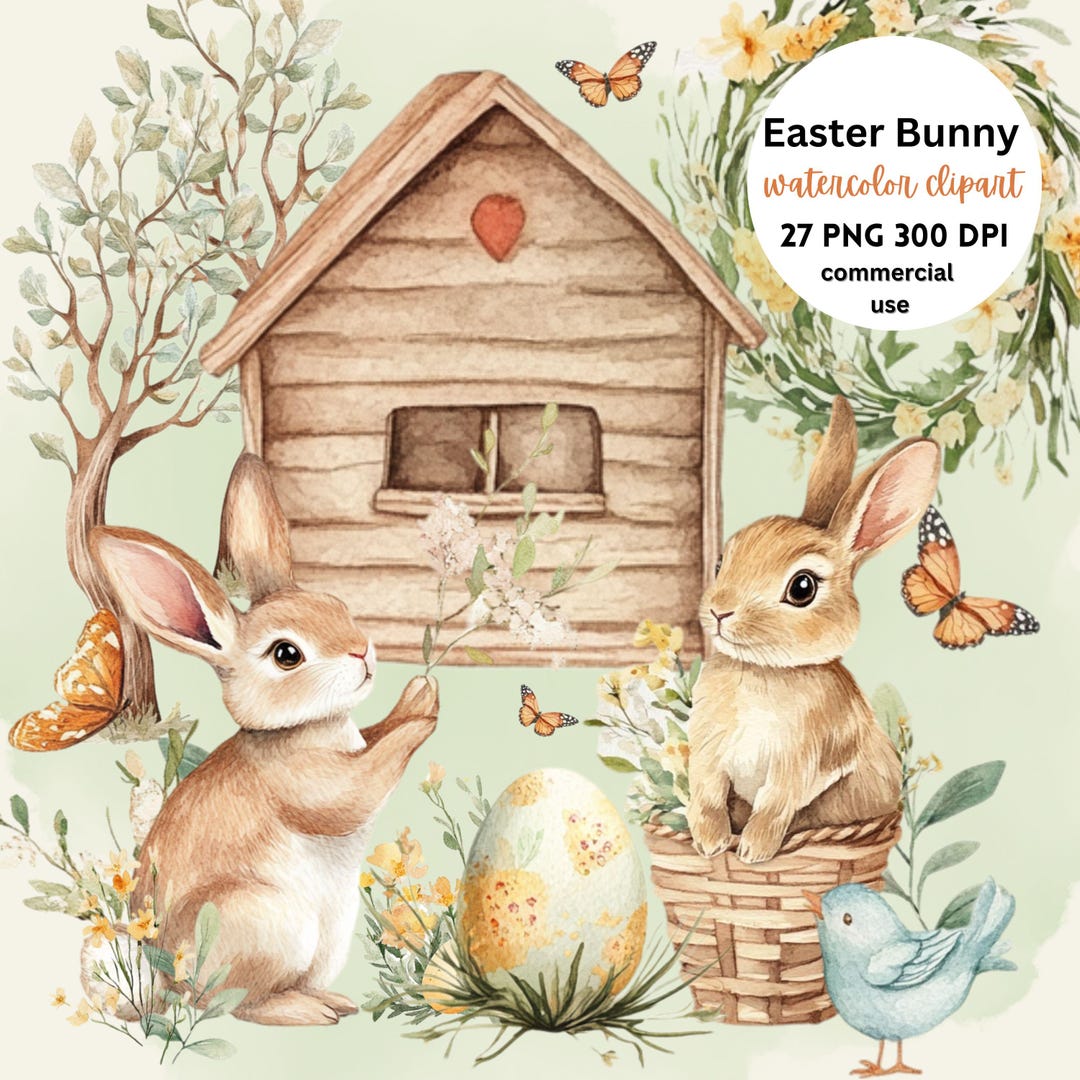 Easter Watercolor Clipart Bundle, Easter Bunny, Eggs, Spring Flowers ...