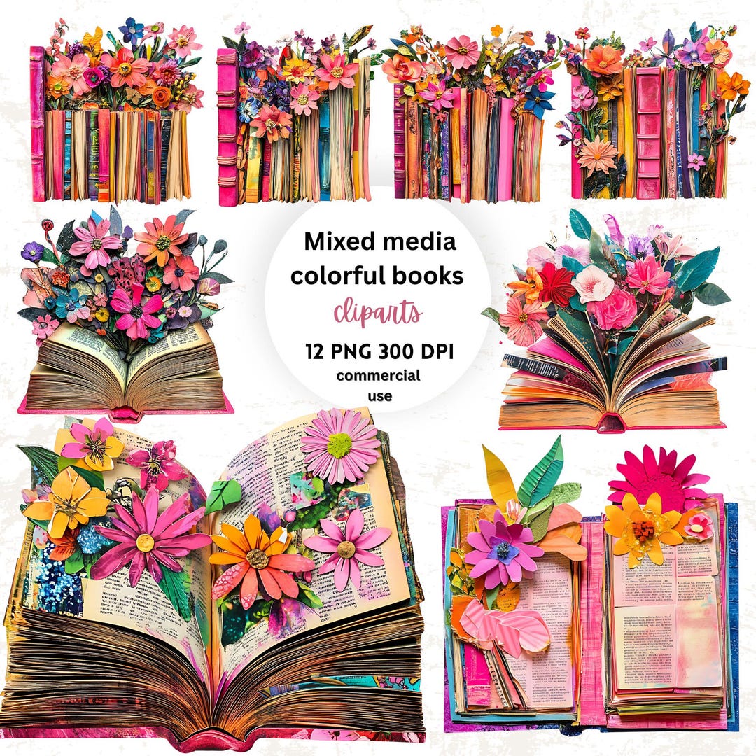 Mixed Media Book Collage PNG Colorful Blooming Book Patchwork Painted ...