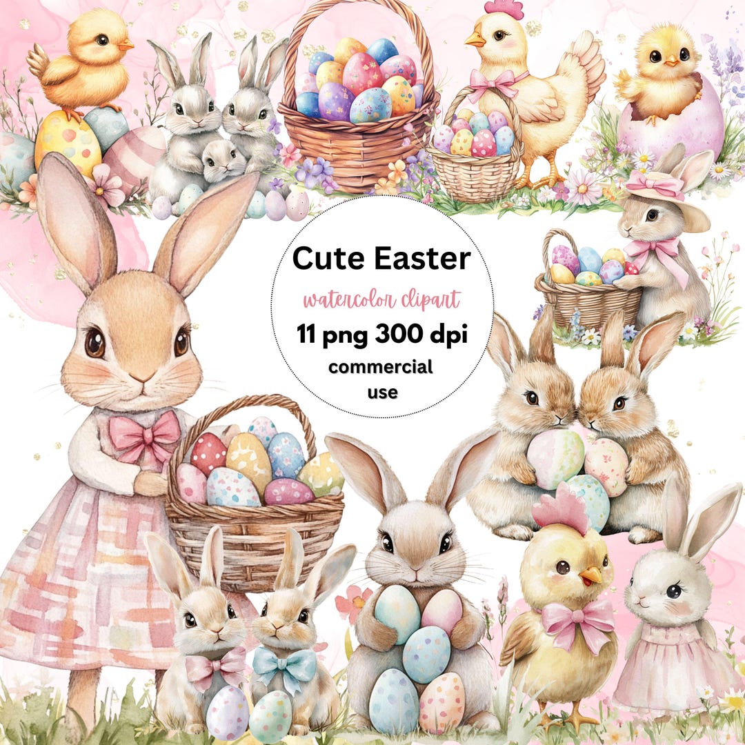Cute Easter Watercolor Clipart, 11 PNG Files, 300 DPI, Commercial Use ...