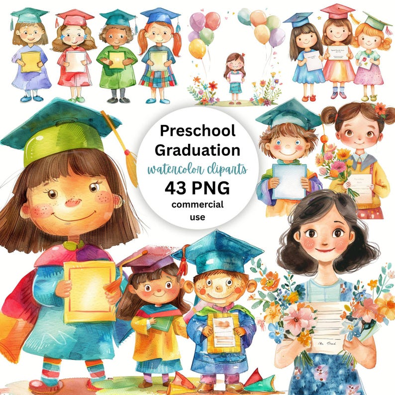 Preschool Graduation Clipart PNG, Kindergarten Grad Watercolor, Prek ...