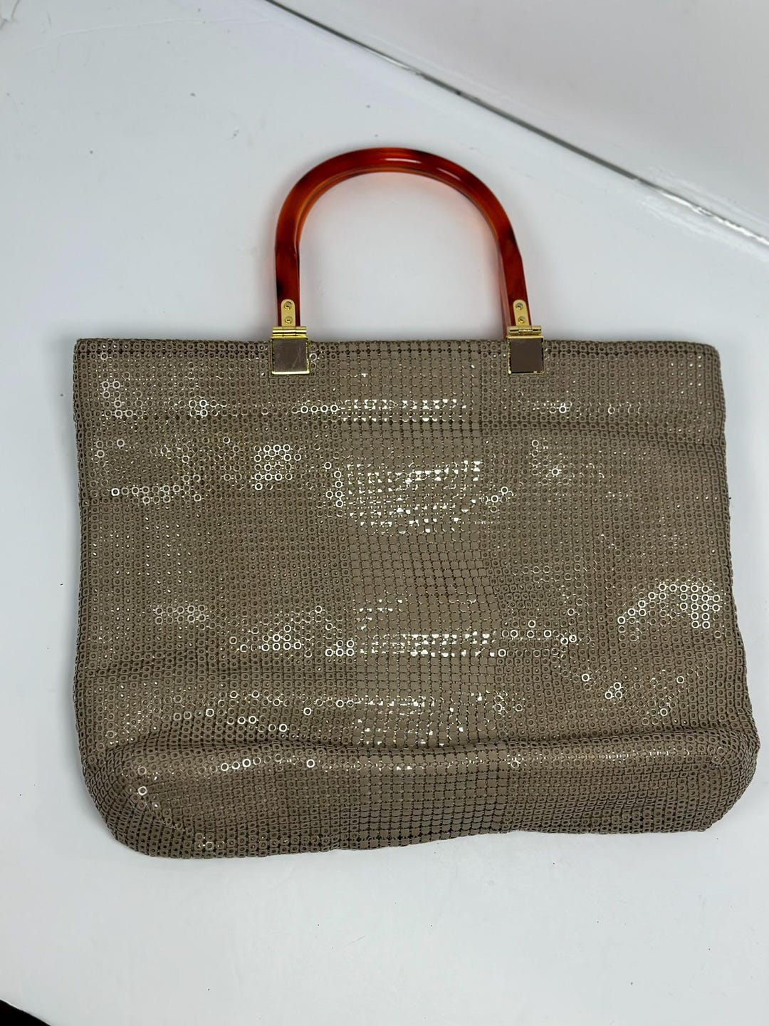 Vintage Metal Mesh Handbag - Purse - Khaki Cream Color - Acetate Brown ...