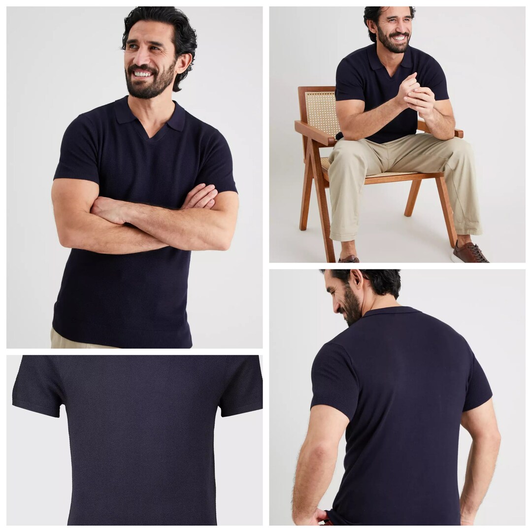 Navy Trophy Neck Textured Knit Polo Shirt is Perfect for When - Etsy
