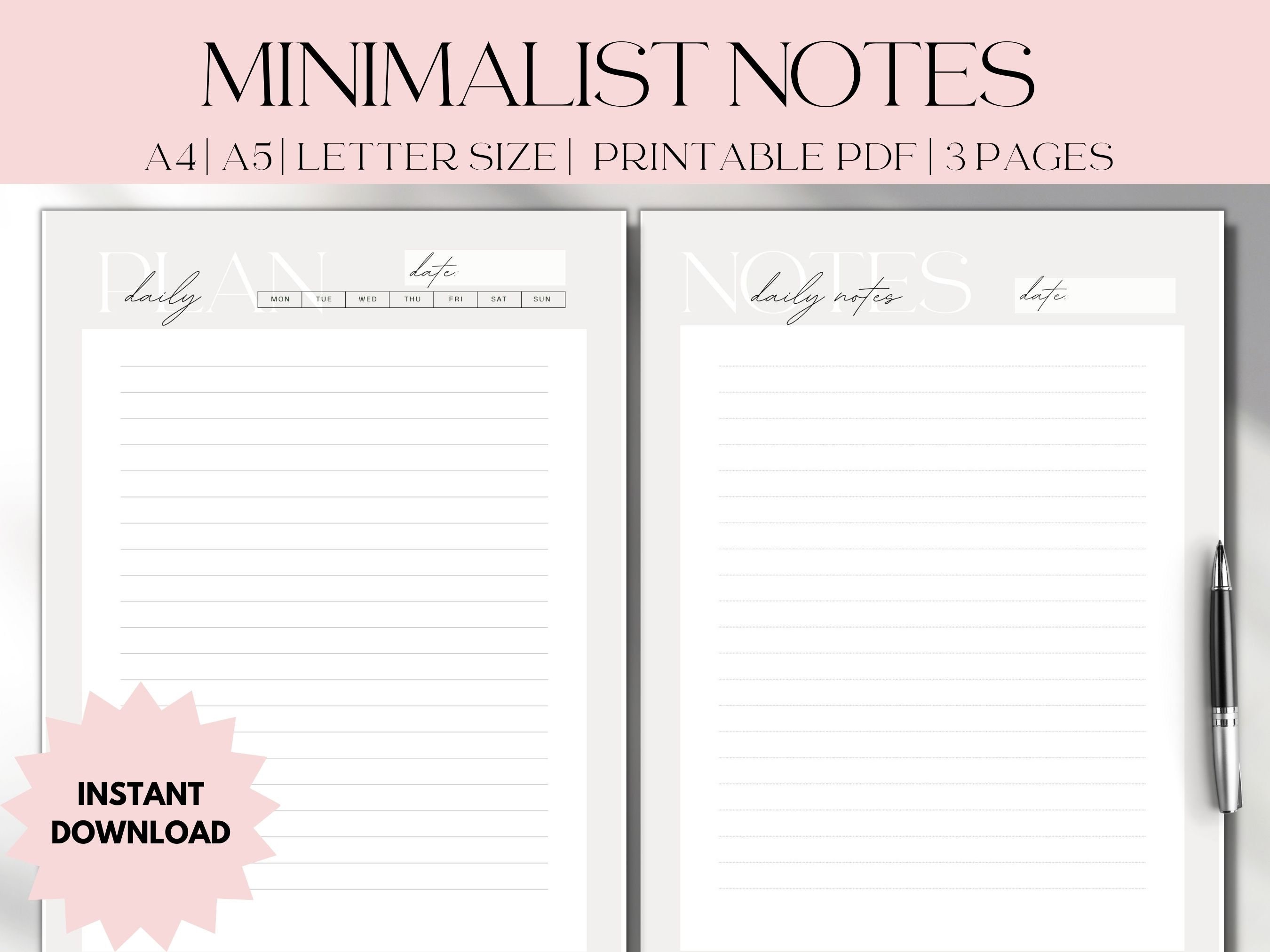 Printable Notes Pages, Minimal Printable Daily Planner, Notes Planner ...