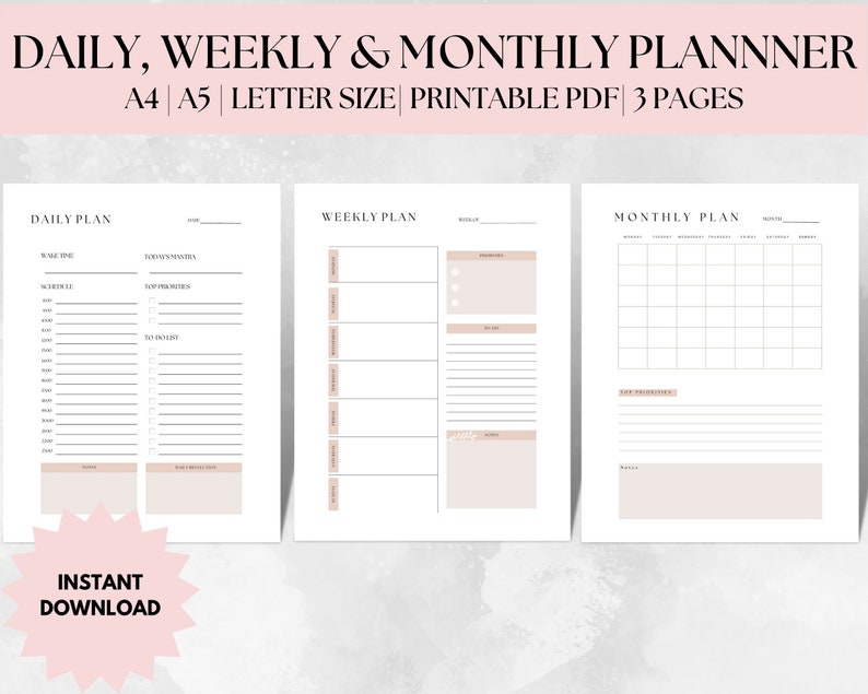 Daily Weekly Monthly Planner Printable Pages Planner Bundle Printable ...