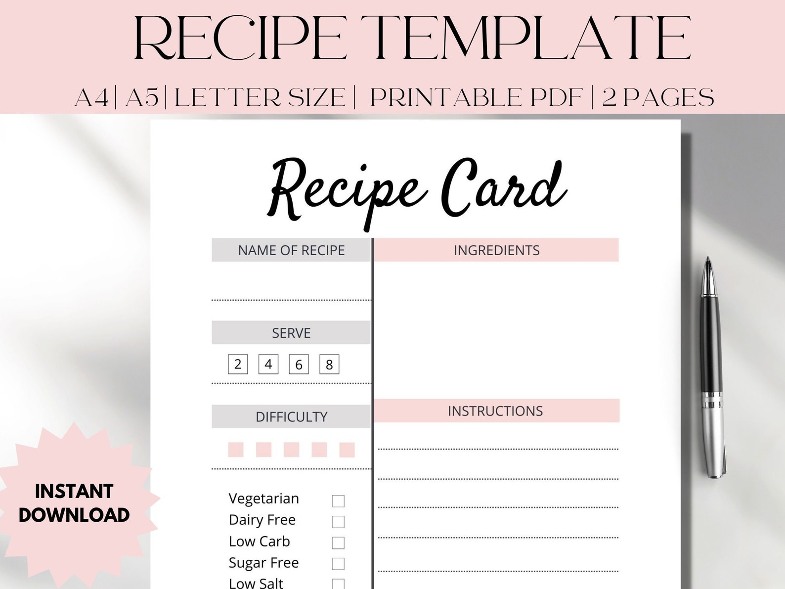 Printable Recipe Template, Digital Recipe Card, Recipe Template, Recipe ...