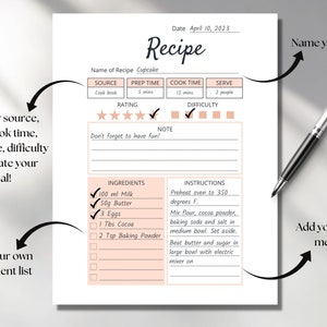 Printable Recipe Template, Recipe Sheet, Recipe Template, Recipe Card ...