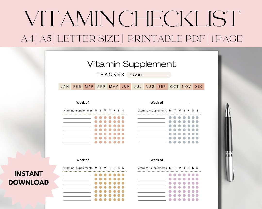 Vitamin Tracker, Vitamin Supplement Tracker, Printable Medication ...