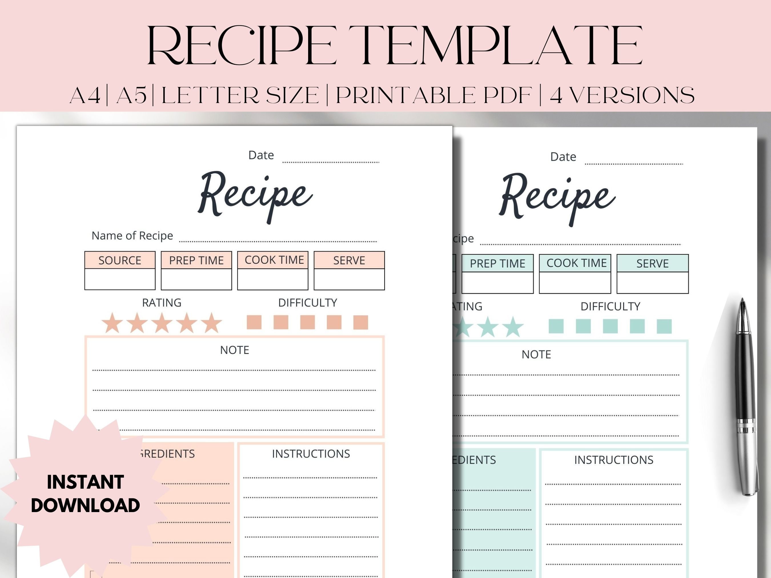 Printable Recipe Template, Recipe Sheet, Recipe Template, Recipe Card ...