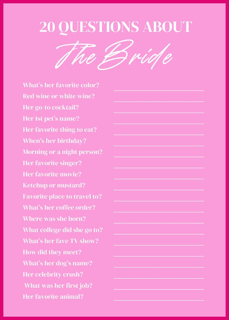 20 Questions Bridal Shower Game: Pink Party Activity (digital Download ...