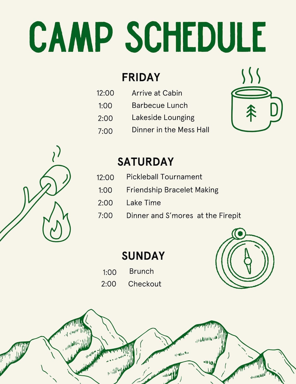 Camp-themed Bachelorette Itinerary Template - Fully Customizable Design ...
