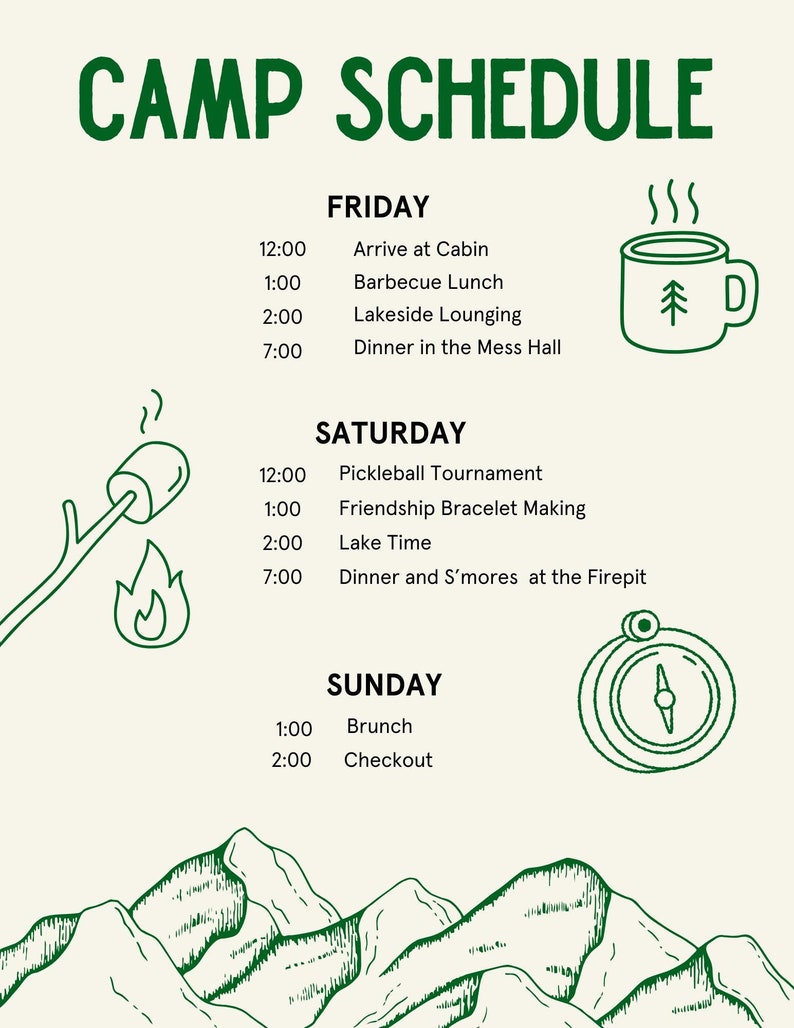Camp-themed Bachelorette Itinerary Template - Fully Customizable Design ...