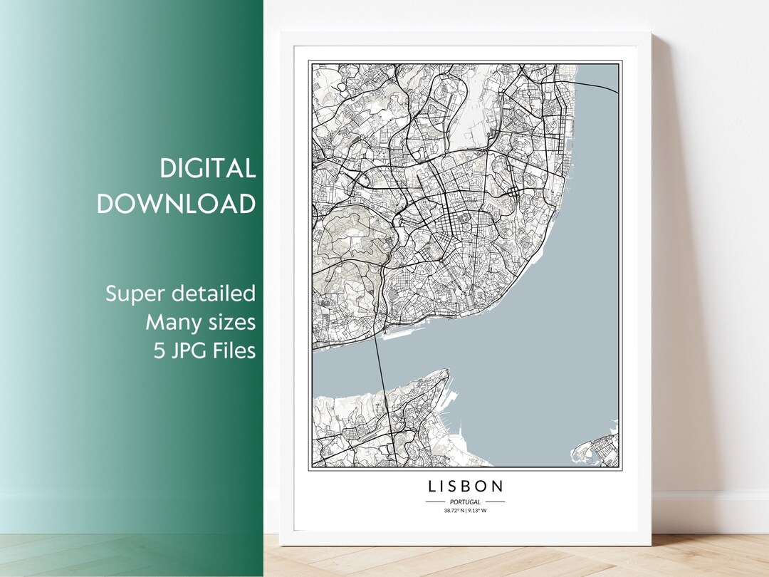 Lisbon Map Print Portugal Map Art Poster City Street Road Map Printable ...