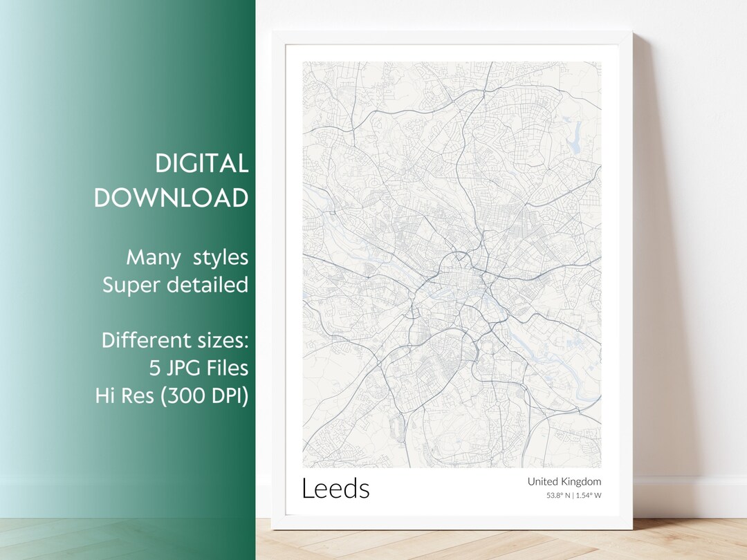 Leeds Mapa Imprimir Leeds Mapa Cartel Reino Unido Imprimir Gris Azul ...