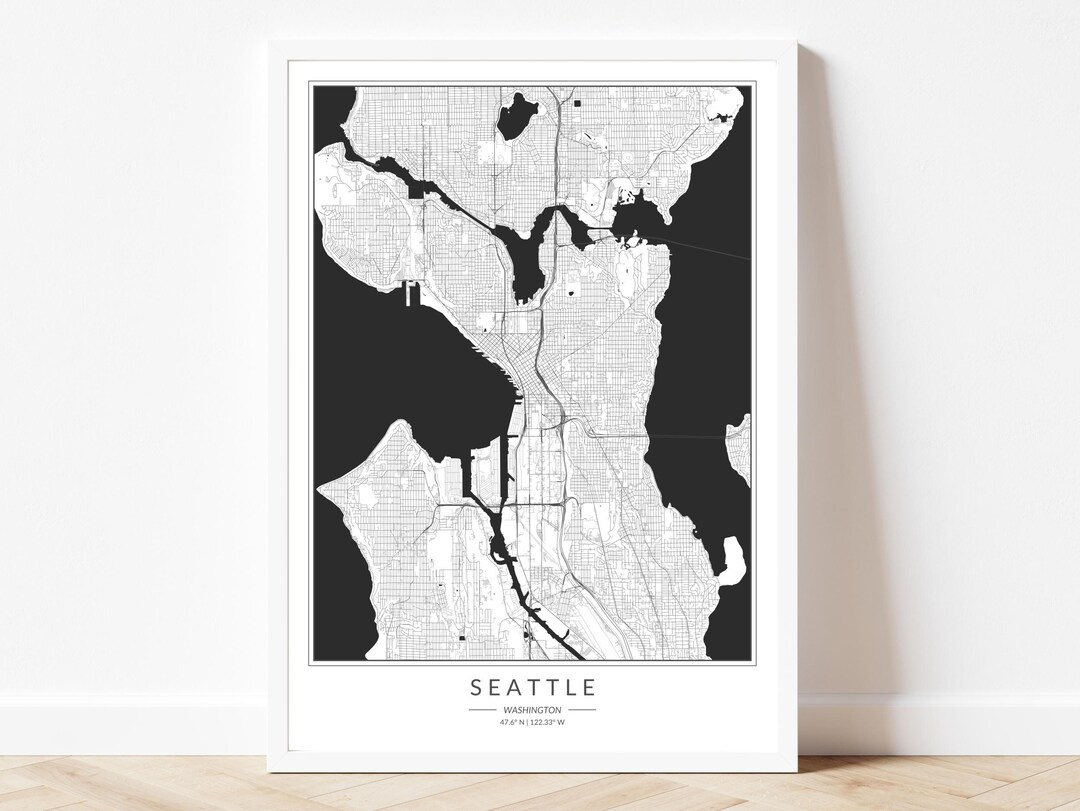 Seattle Map Print, Seattle Printable Map Poster, Seattle Black Map Art ...