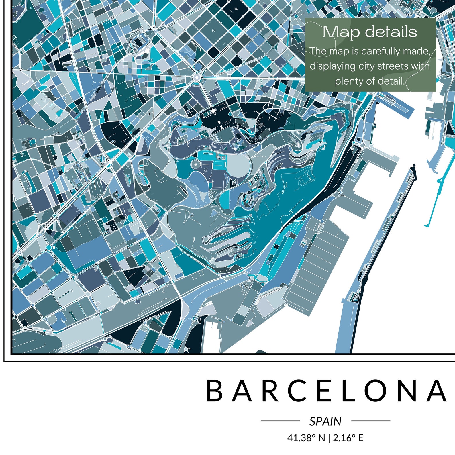 Barcelona Map Print, Colorful Map Poster, Spain Print Blue, Minimalist ...