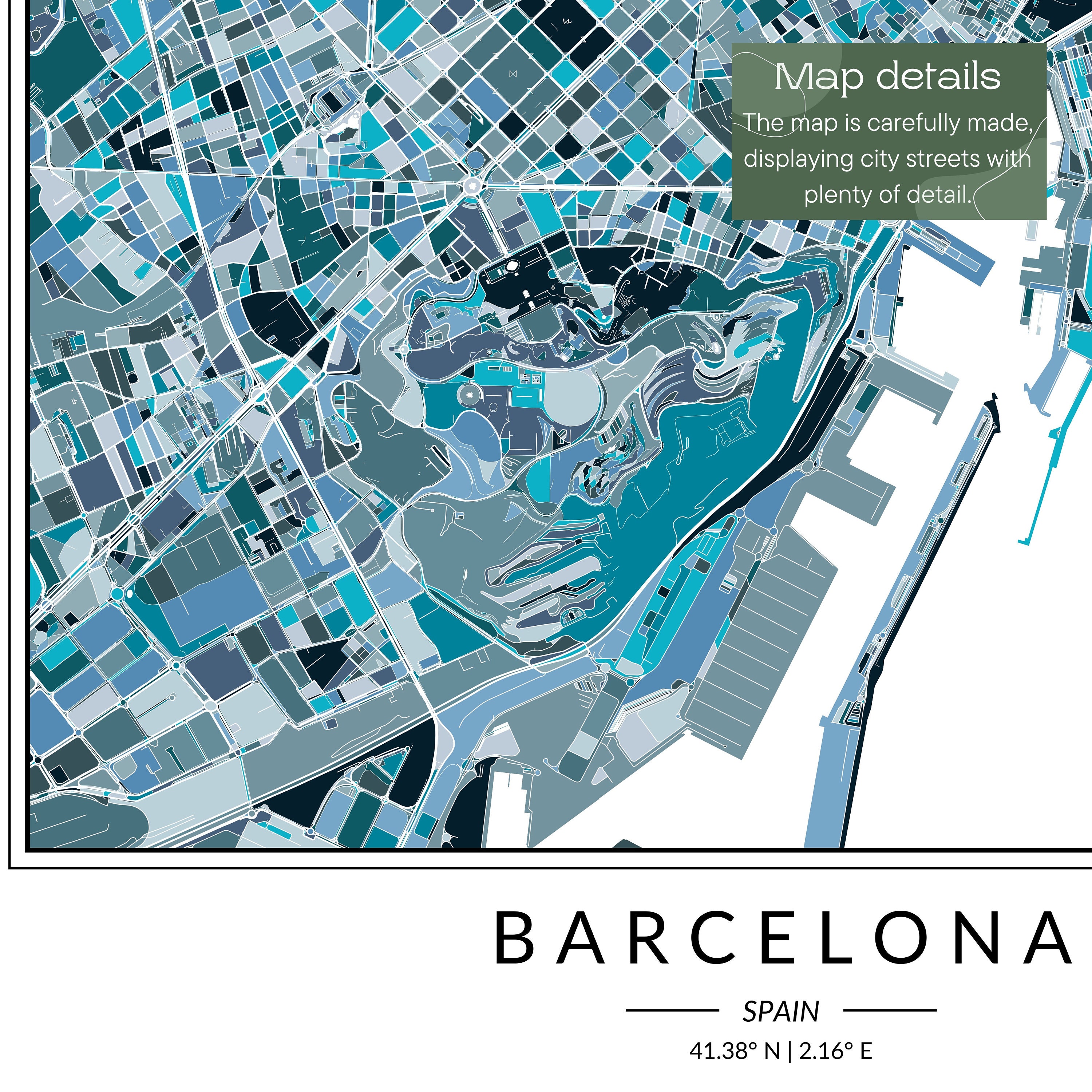 Barcelona Map Print, Colorful Map Poster, Spain Print Blue, Minimalist ...