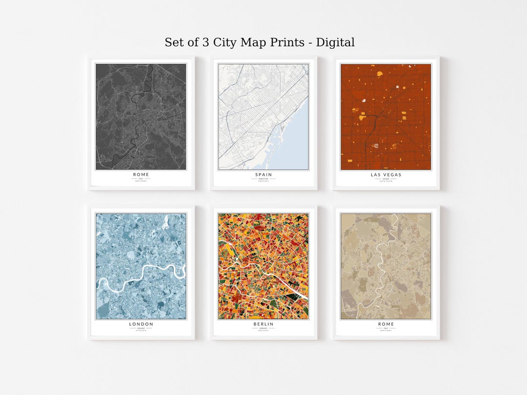 Set of 3 City Digital Map Print City Colour Poster Custom City ...