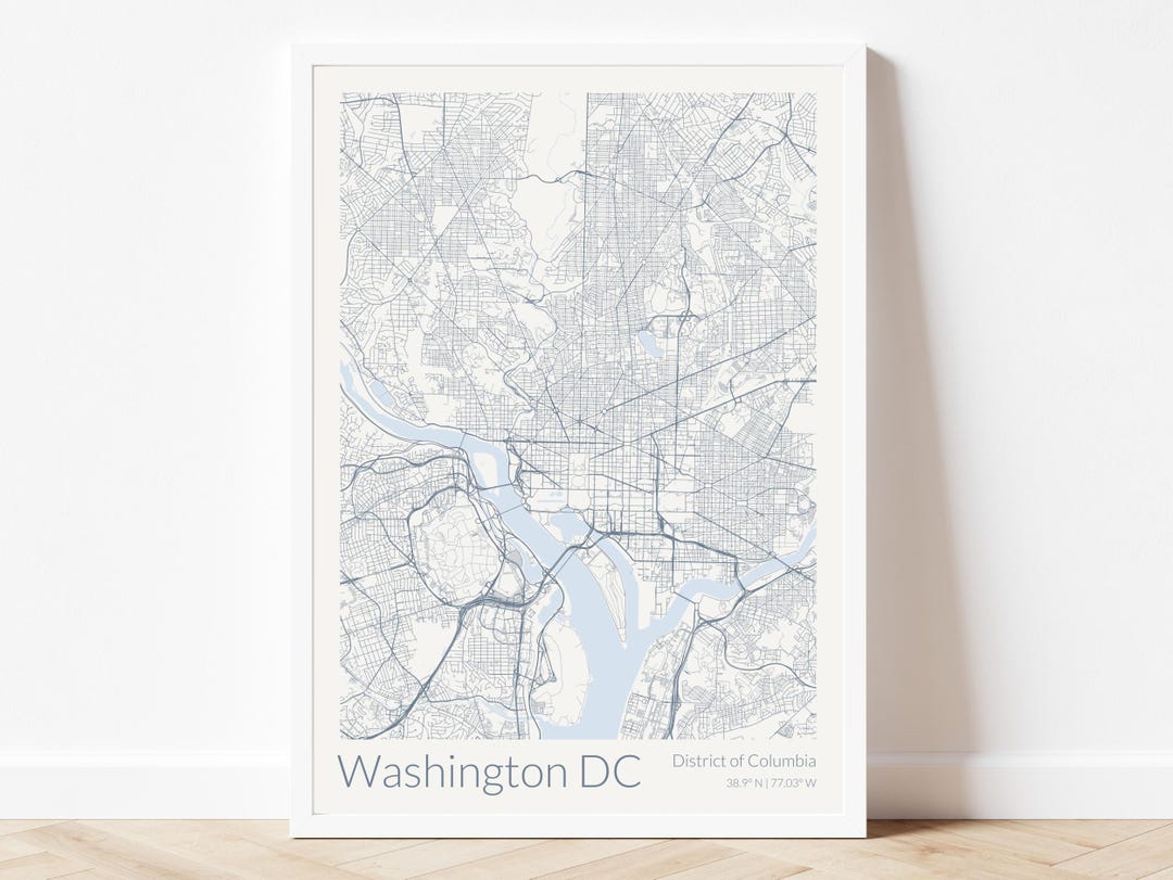 Washington DC Map Print, White and Blue Washington DC Map Poster ...