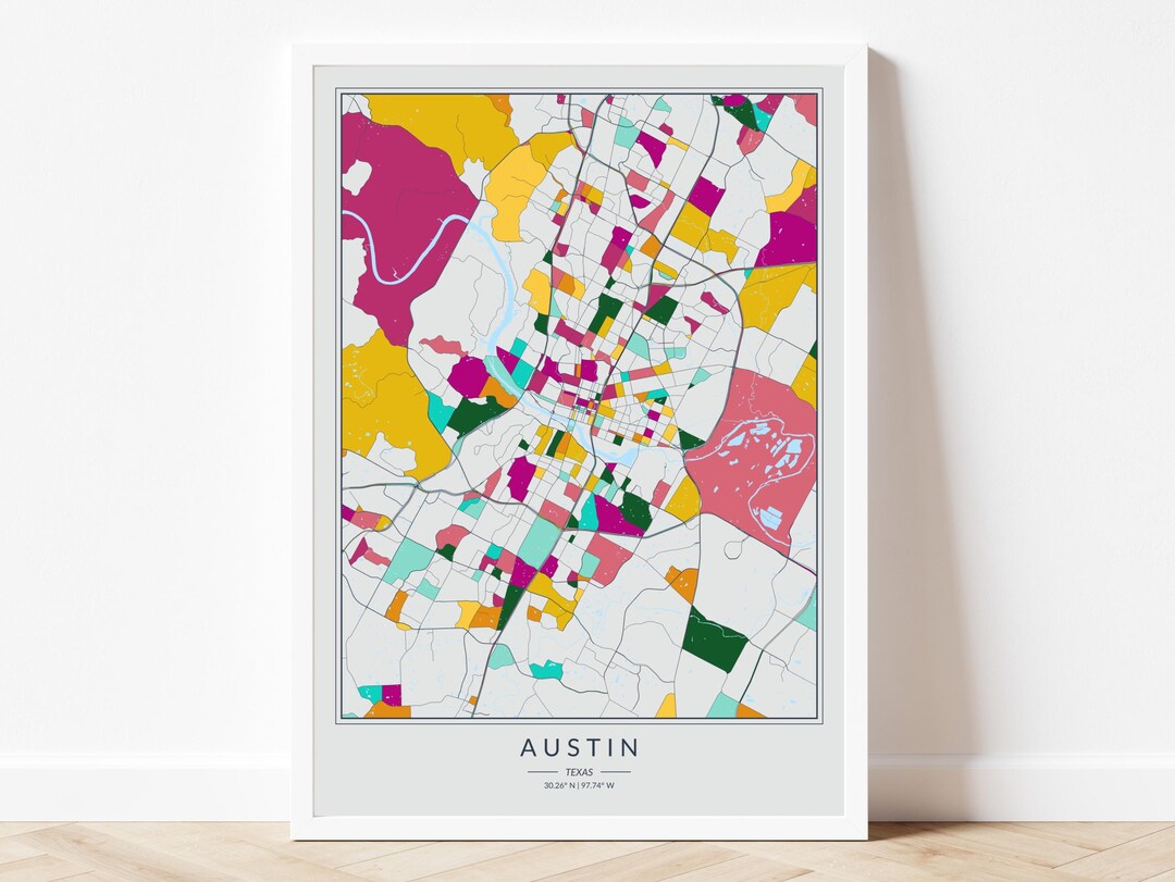 Vintage Colorful Austin Map Print - Minimal Digital Austin Map Art ...