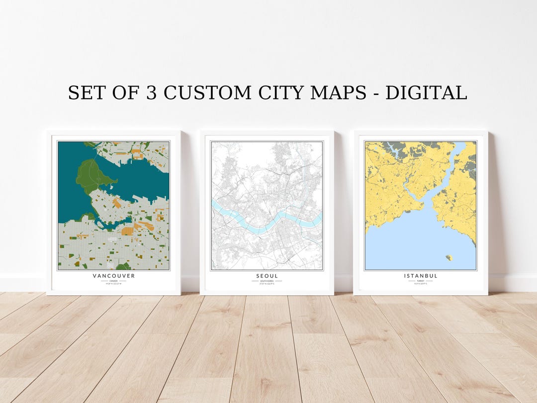 Set of 3 City Map Digital Prints City Colour Map Personalized ...