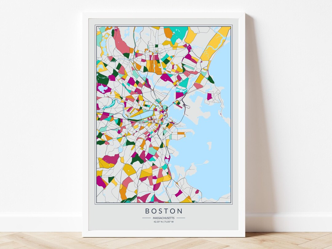 Boston Massachusetts Printable Map | Colorful Boston City Wall Art ...