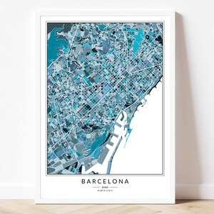 Barcelona Map Print, Colorful Map Poster, Spain Print Blue, Minimalist ...