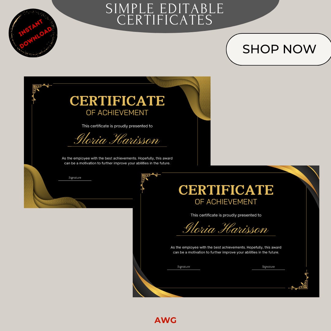 Editable Simple Black Gold Certificate Template Certificate of ...