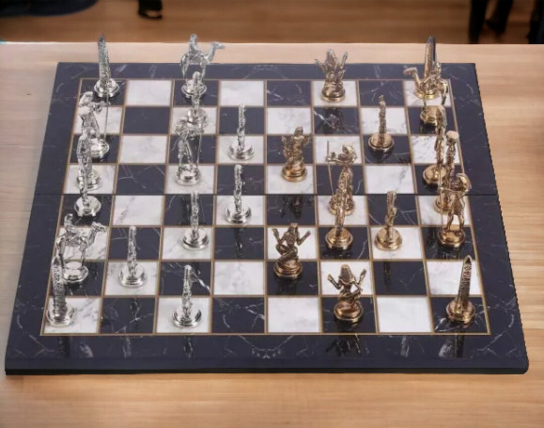 Metal Egyptian Chess Set Glossy and Folding Marble Pattern MDF Wood ...