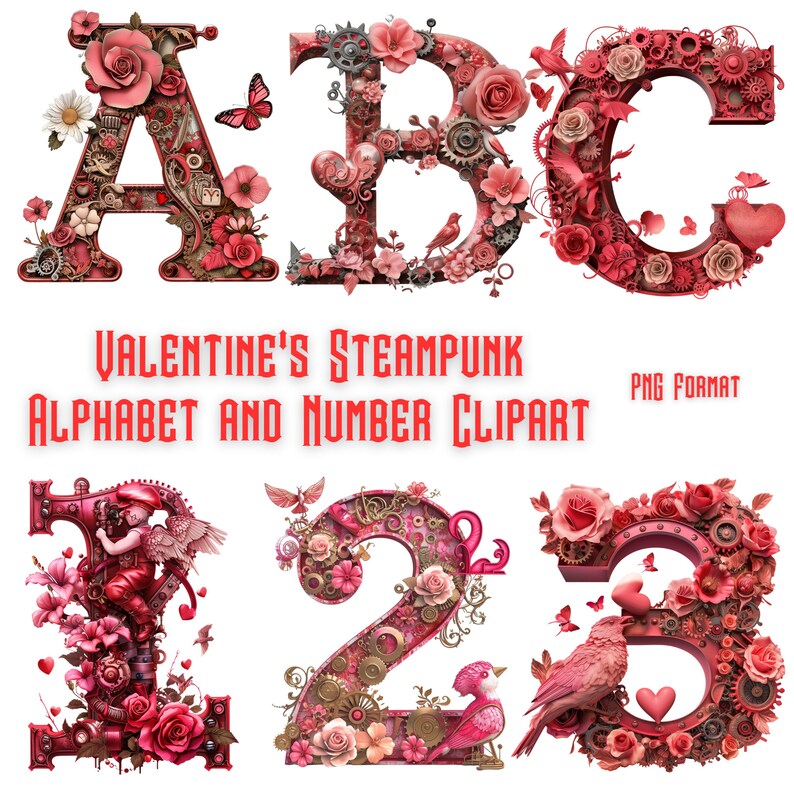 Steampunk Valentine's Alphabet & Numbers Clipart Set Vintage Love ...