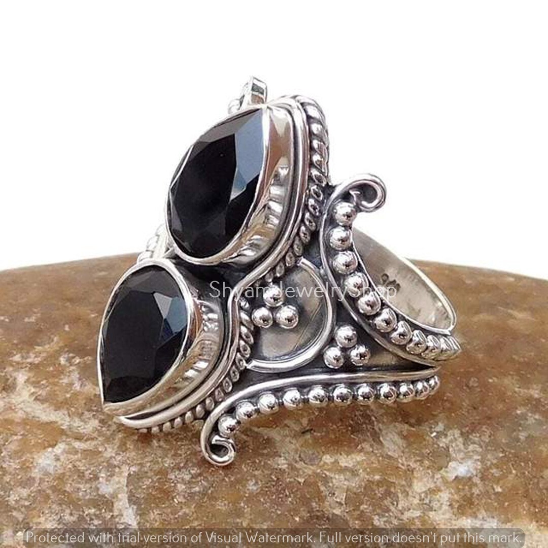 Pear Black Ring, Sterling Silver Ring, Ring With Flat Pear Stone ...