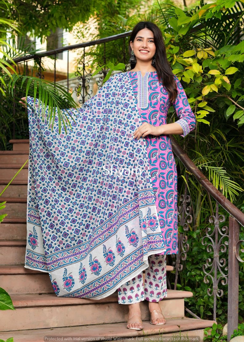 Indian 3pc Cotton Block Print Kurti Pant Dupatta Set Women Dress ...