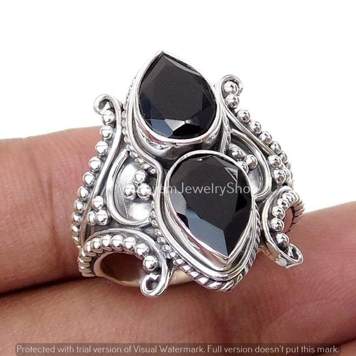 Pear Black Ring, Sterling Silver Ring, Ring With Flat Pear Stone ...