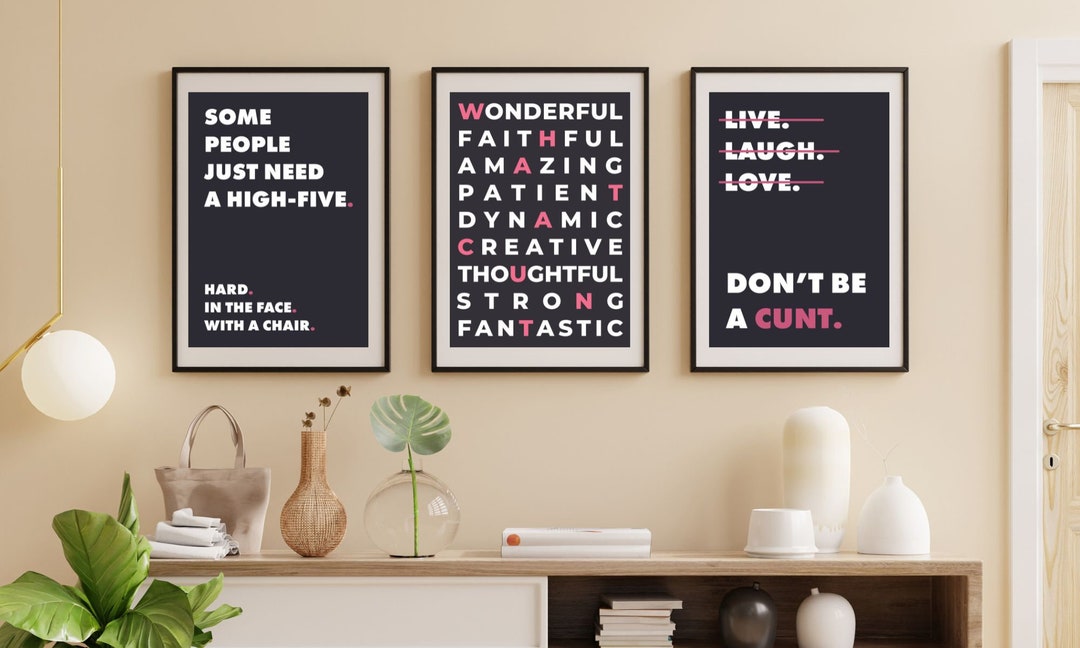 Set of 3 Modern Rude Typography Prints in Black, White and Pink ...