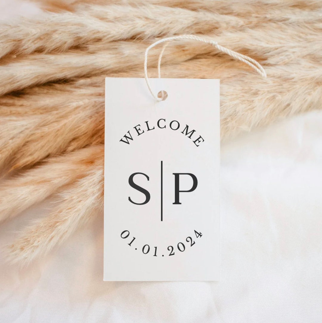 Printed Modern Emblem Wedding Welcome Tags | Linen Textured Cardstock ...