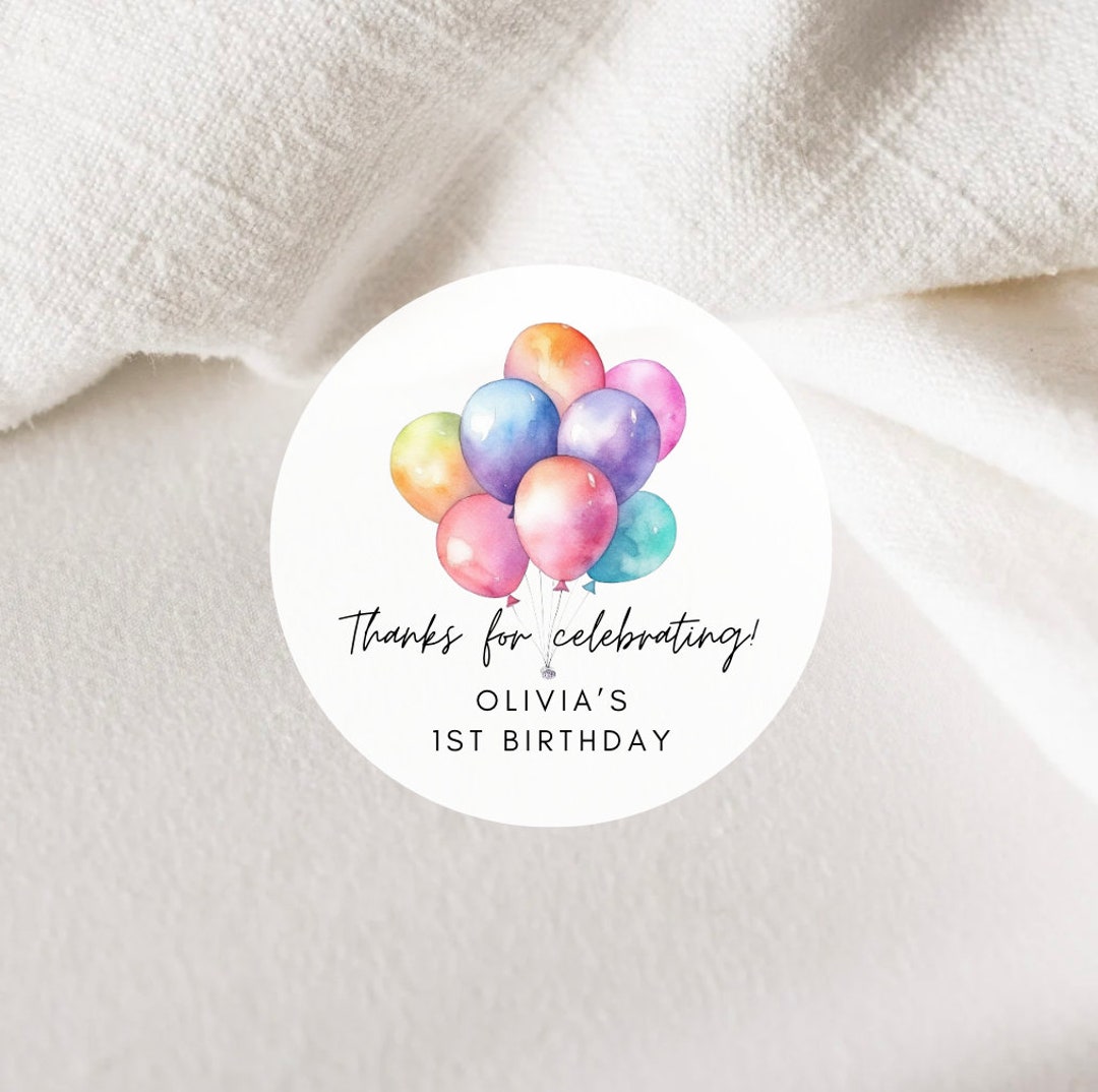 Multicolor Balloons Birthday Party Favor Stickers First Birthday Labels ...