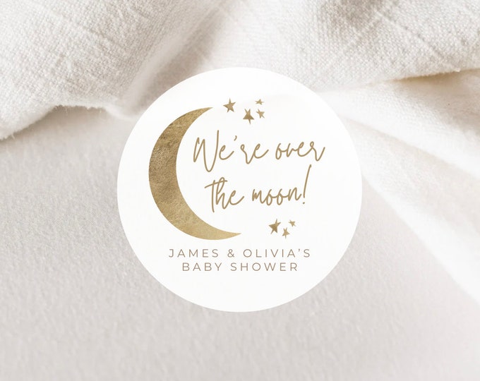 We're Over the Moon Thank You Labels Round White Matte Stickers Baby ...
