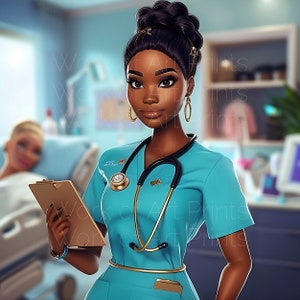 Black Nurse Art Print, African American RN in Blue Scrubs (PNG Digital ...