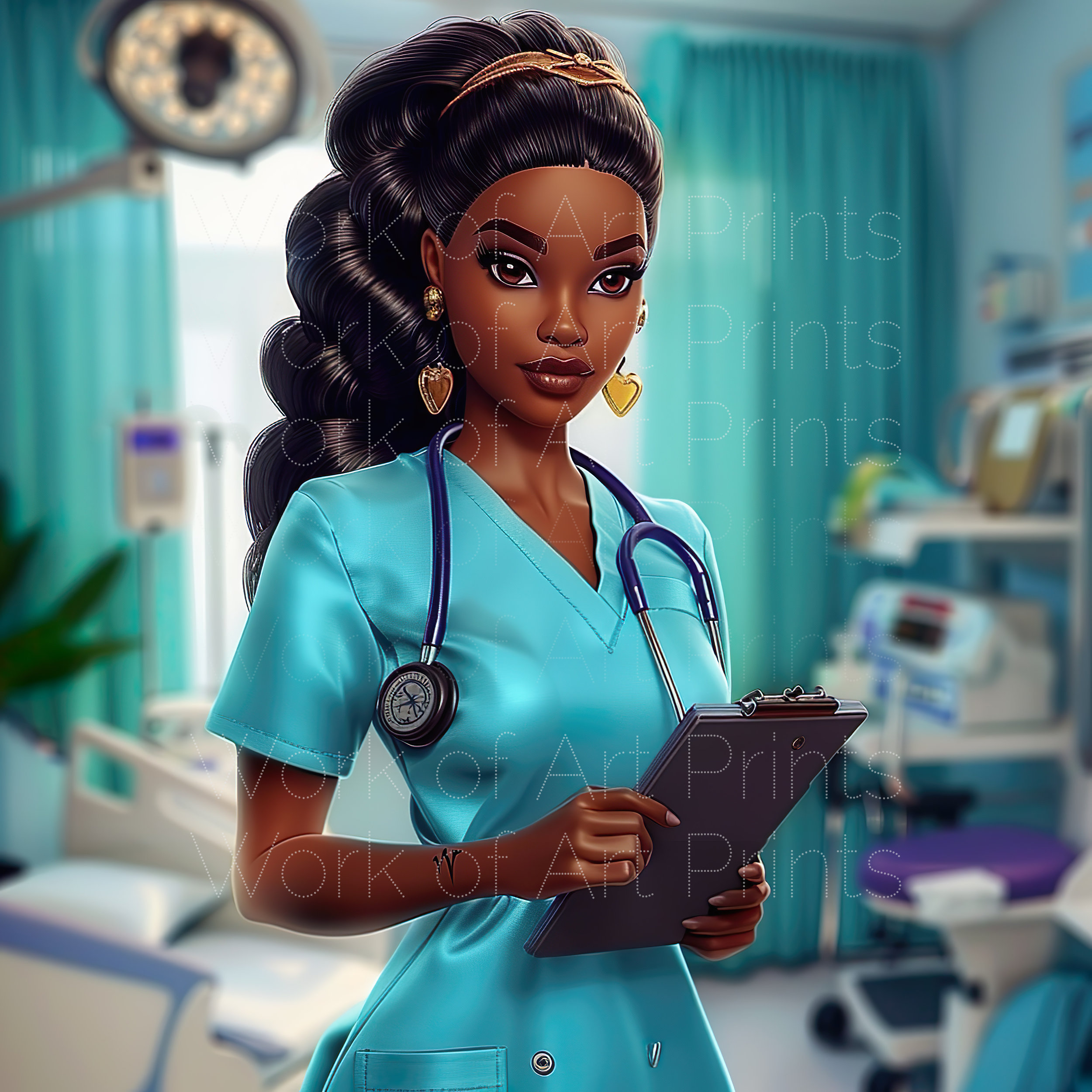 Black Nurse Art Print, African American RN in Blue Scrubs (PNG Digital ...