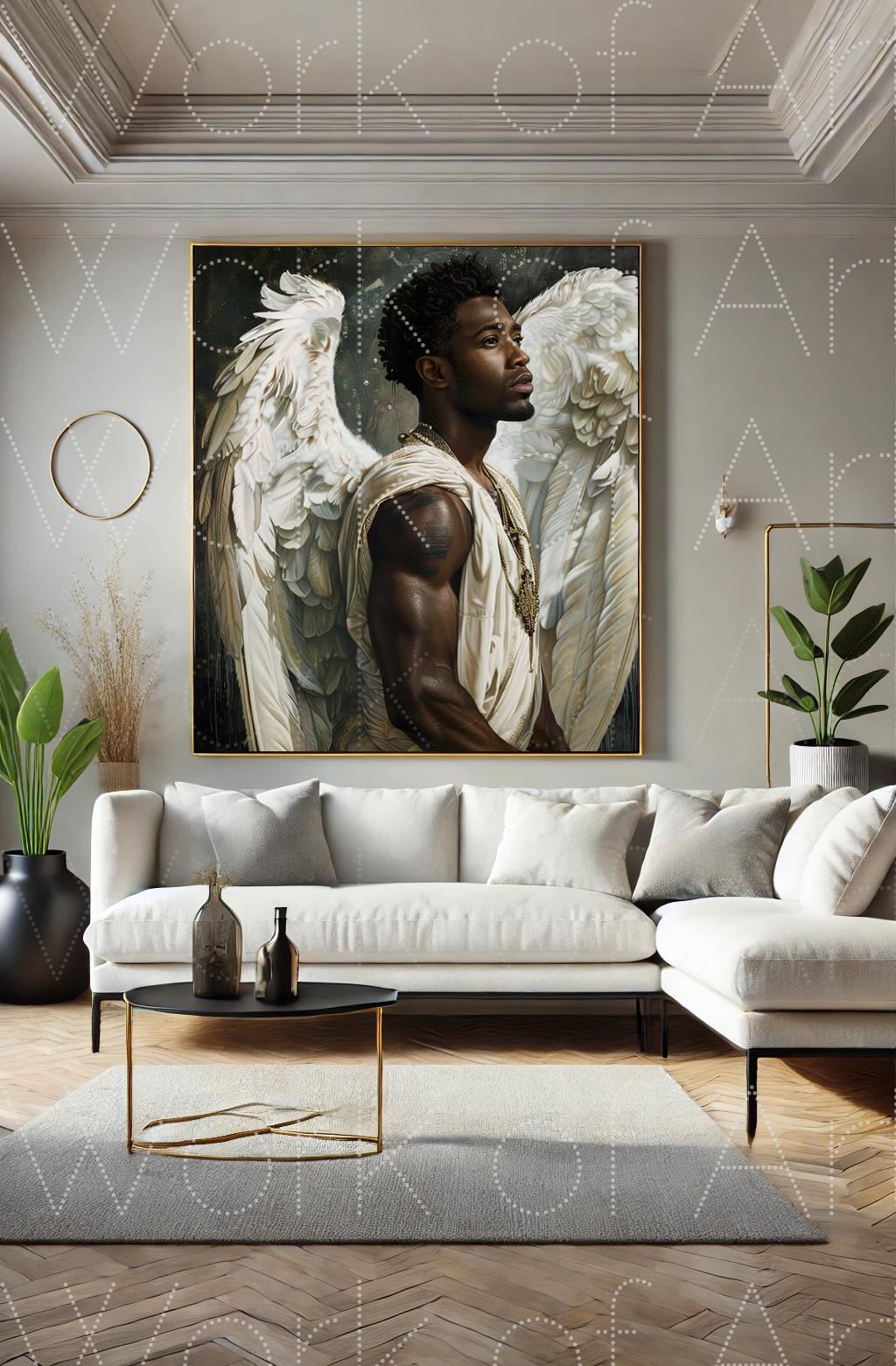 Black Male Angel Art, African American Angel Poster, Powerful Guardian ...