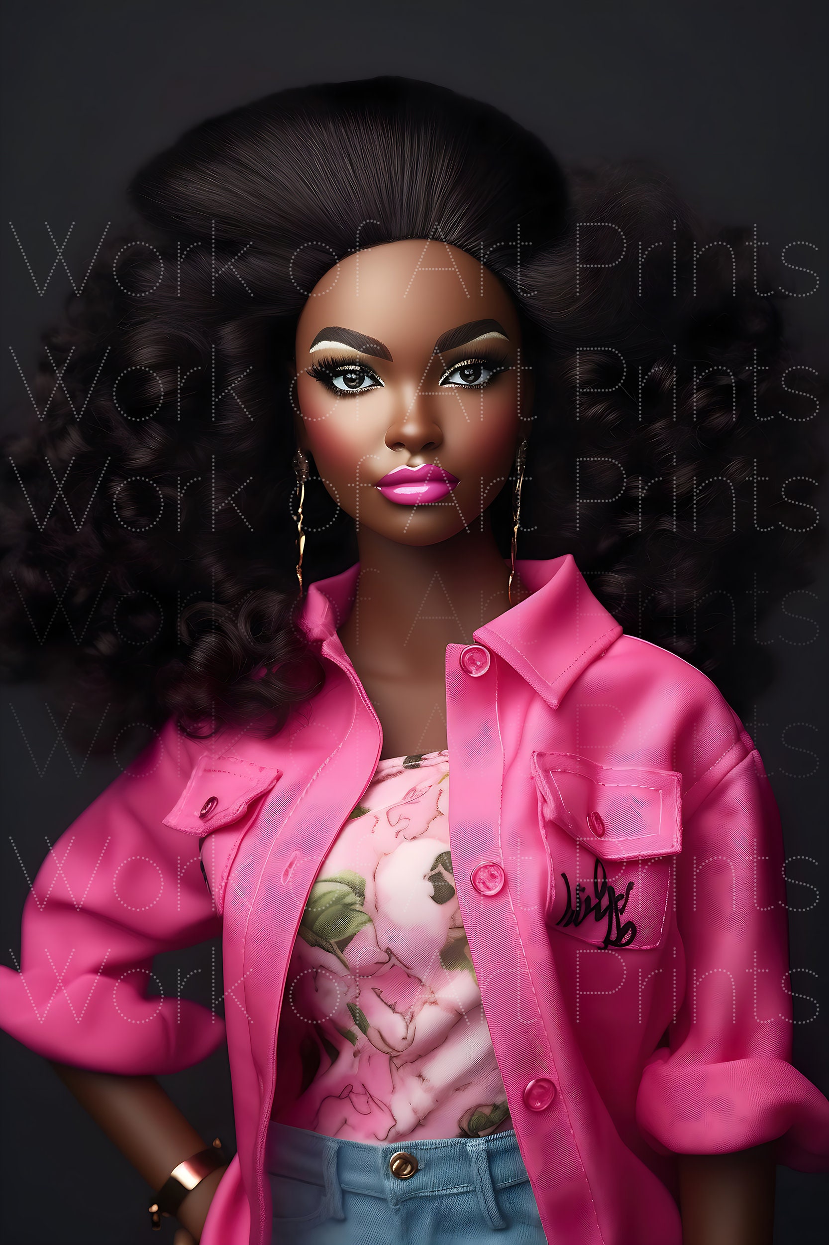 Black Barbie Poster Bundle Afro Barbie Pink Jacket And Jeans Png Big Hair Dark Skin Doll Wall