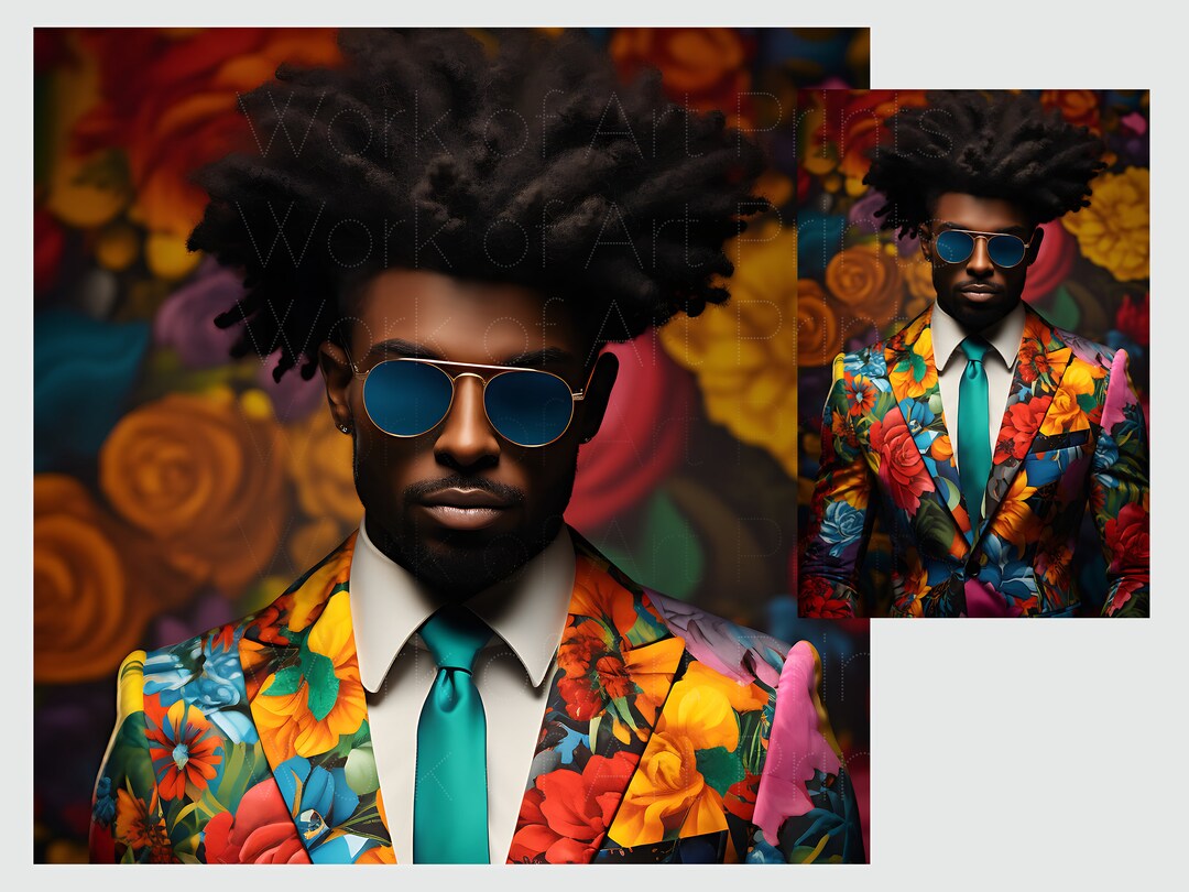 Black Man Beard Poster, Black Man in Suit Art, Black King With Curl Fro ...