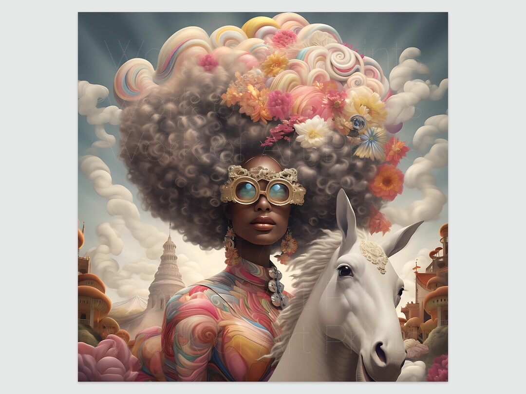 Afro Surreal Black Art Print, Princess and Pony, Grey Hair (PNG) - Etsy