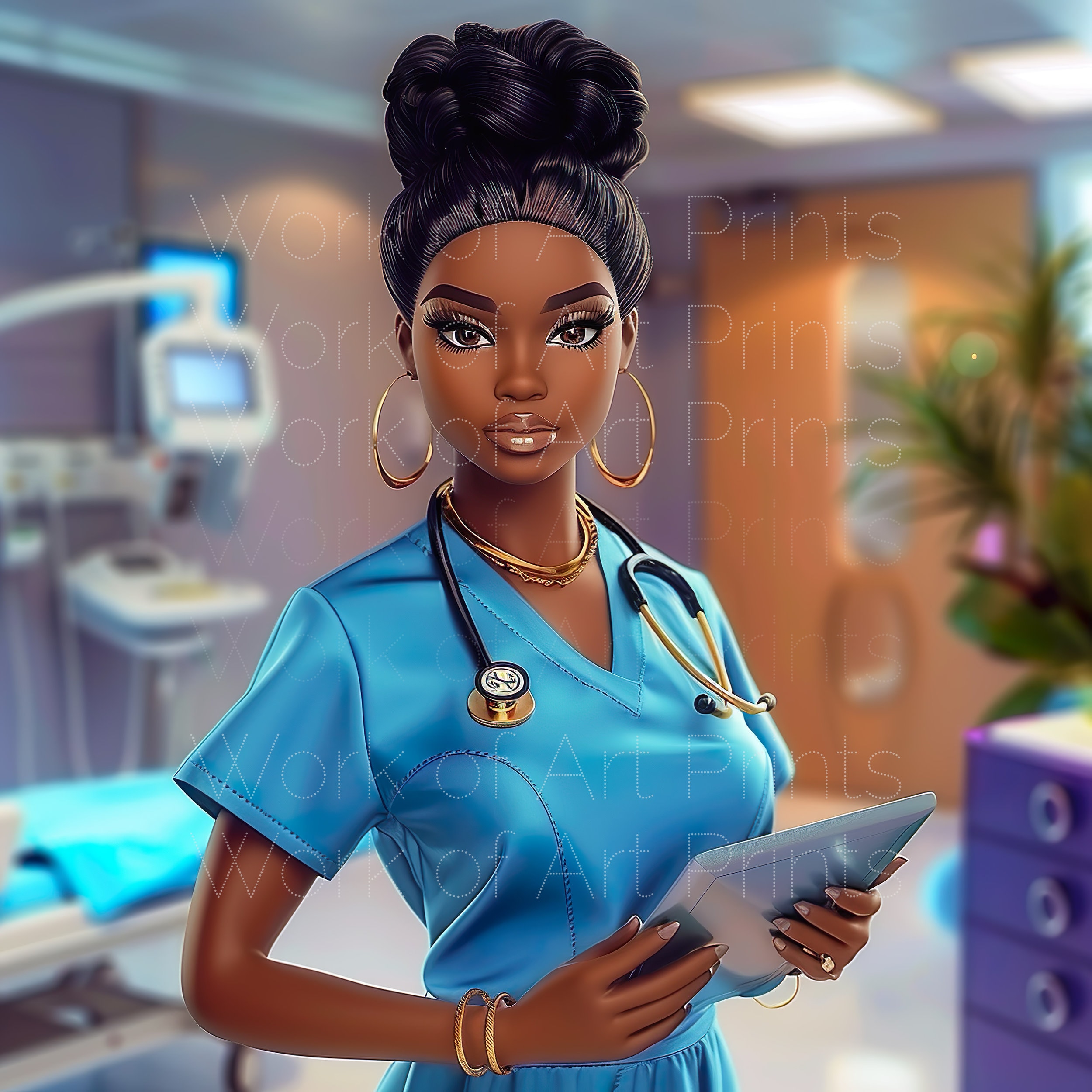 Black Nurse Art Print, African American RN in Blue Scrubs (PNG Digital ...