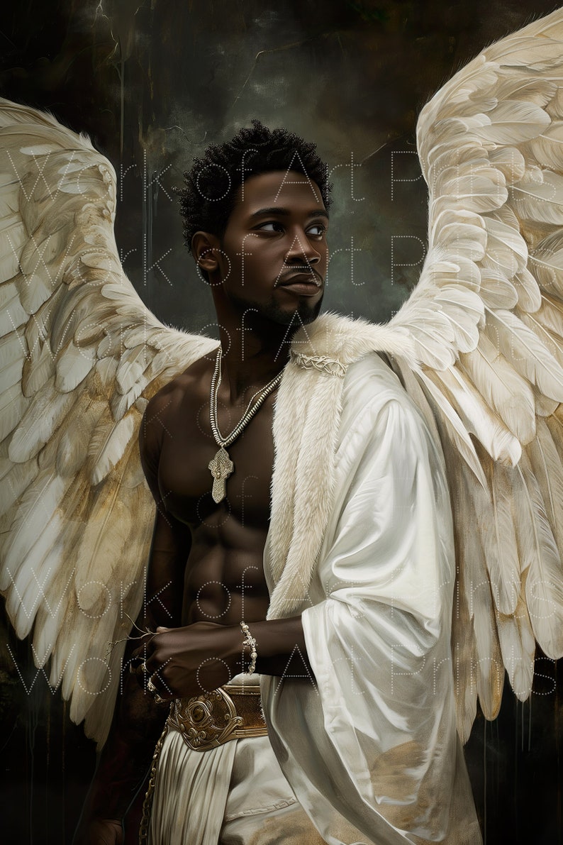 Black Man Angel Art Print Guardian Angel With Wings Digital Download Masculine Angelic Figure ...